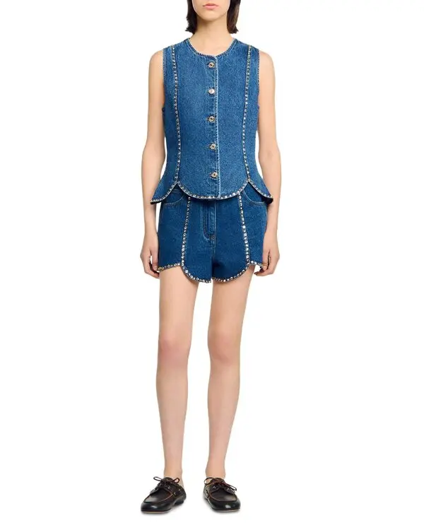 Sandro Rhinestone Denim Top - Blue Jean
