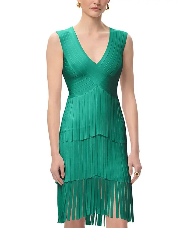 Herve Leger V-neck Gracie Midi Fringed Dress - Green Opal