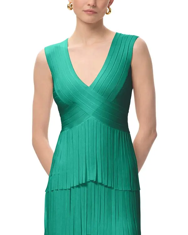 Herve Leger V-neck Gracie Midi Fringed Dress - Green Opal