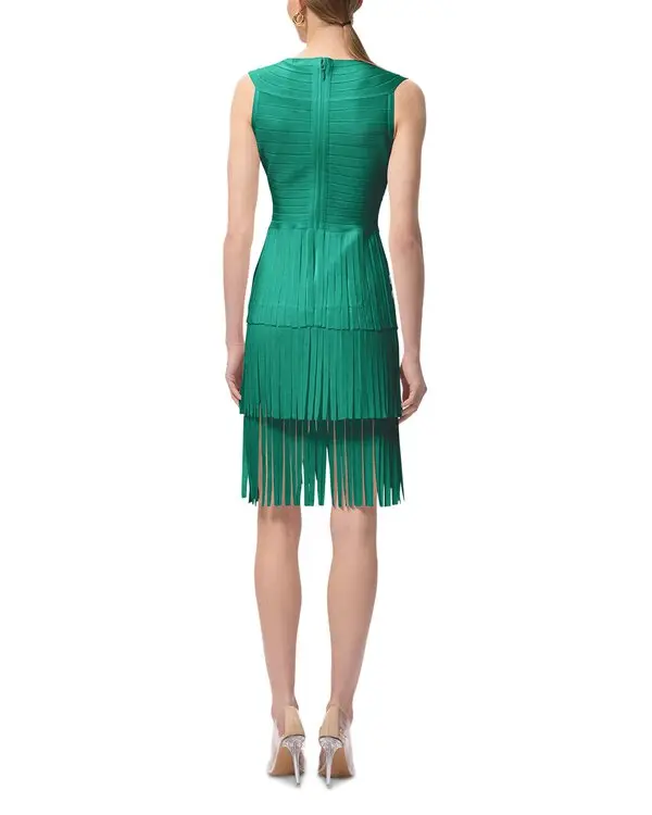 Herve Leger V-neck Gracie Midi Fringed Dress - Green Opal