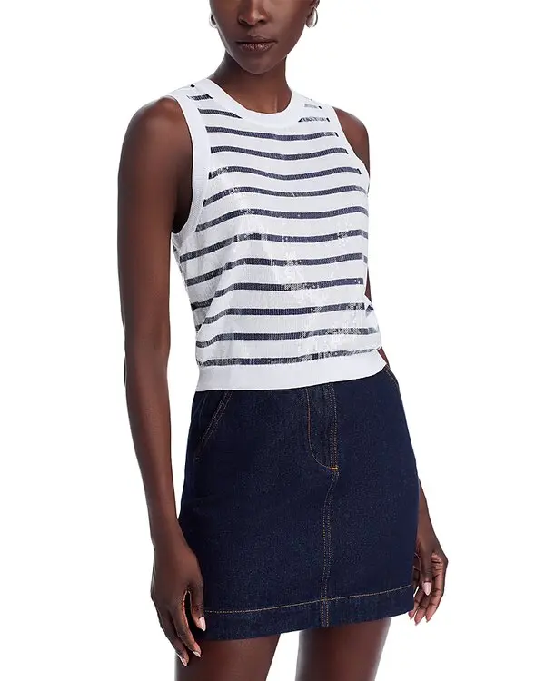 MILLY Sequin Tank Top - Ecru/navy