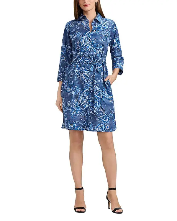 Foxcroft Paisley Button Front 3/4 Sleeve Dress - Blue Multi