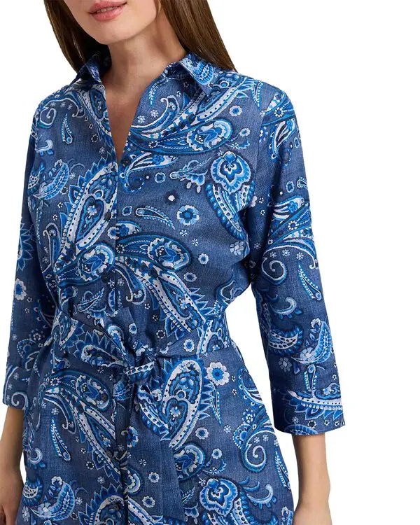 Foxcroft Paisley Button Front 3/4 Sleeve Dress - Blue Multi