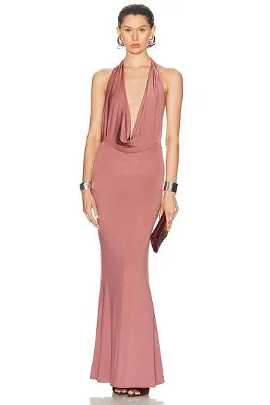 Lapointe Lightweight Jersey Deep Cowl Neck Gown - Clay