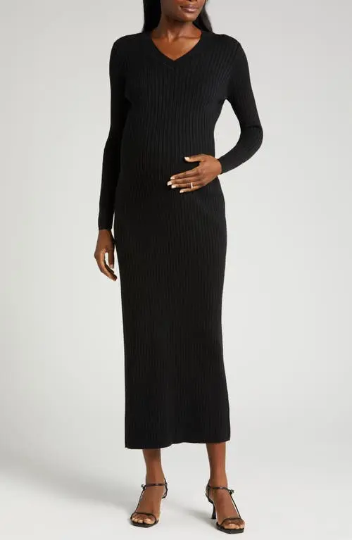 MARION Ribbed Long Sleeve V-neck Midi Sweater Dress - Soft Black