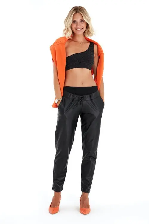 ACCOUCHEE Faux Leather Jogger Pants With Foldover Waistband - Black