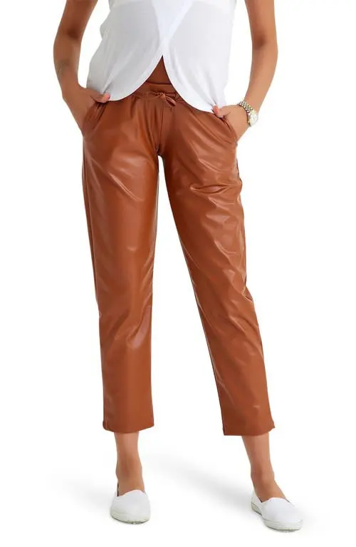 ACCOUCHEE Faux Leather Jogger Pants With Foldover Waistband - Toffee
