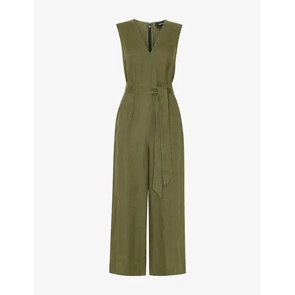 Whistles Linen Belted-waist Jumpsuit - Khaki/olive