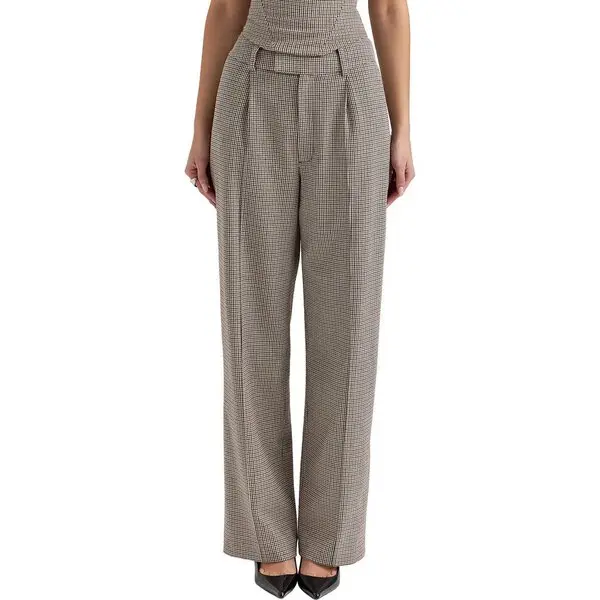 House Of Cb Hayden High-waist Wide-leg Trousers - Beige Checked