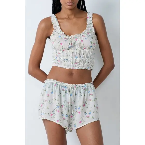 ETAM Prati Ruffle Crop Pajama Camisole - Imprime Fond Ecru