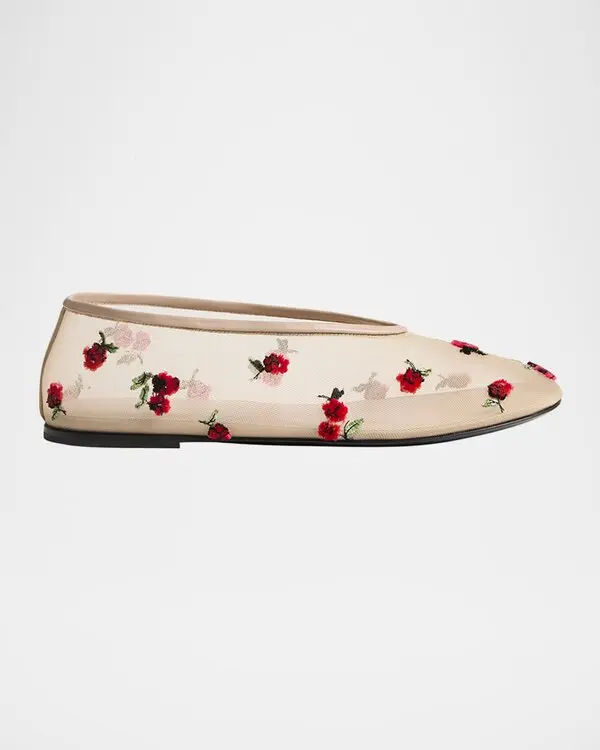 Khaite Mercy Raspberry-embellished Mesh Flats - Nude/raspberry