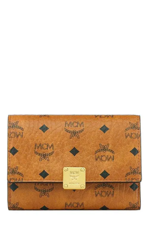 Mcm Aren Trifold Wallet In Visetos - Cognac