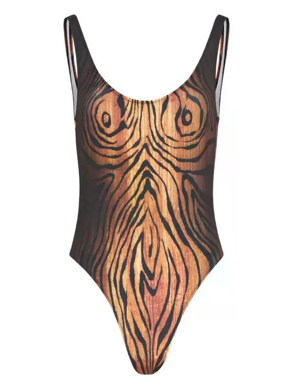 JEAN PAUL GAULTIER Wood-print Scoopneck Swimsuit - Black