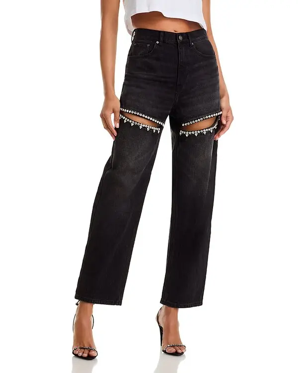 AREA Crystal Slit Denim Jeans - Black