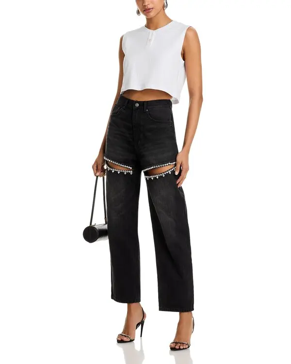 AREA Crystal Slit Denim Jeans - Black