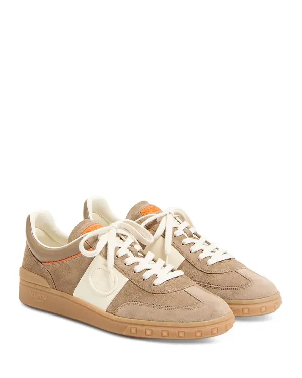 Valentino Garavani Embroidered La Greca Suede Sneakers - Khaki