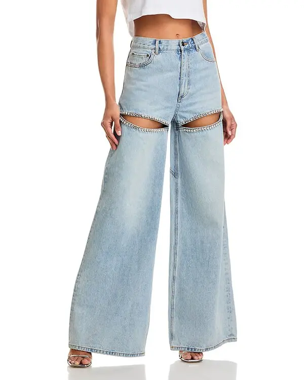 AREA Wide-leg Denim Jeans With Crystal Slits