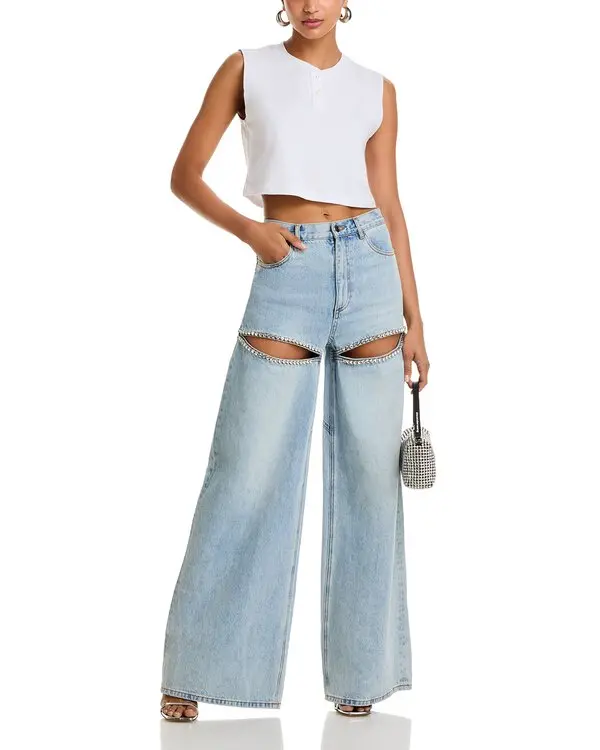 AREA Wide-leg Denim Jeans With Crystal Slits
