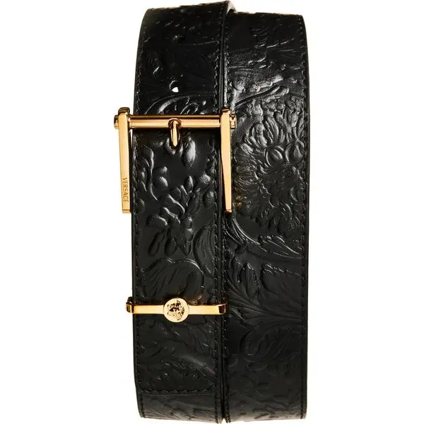 Versace Barocco Embossed Leather Belt - Black-versace Gold
