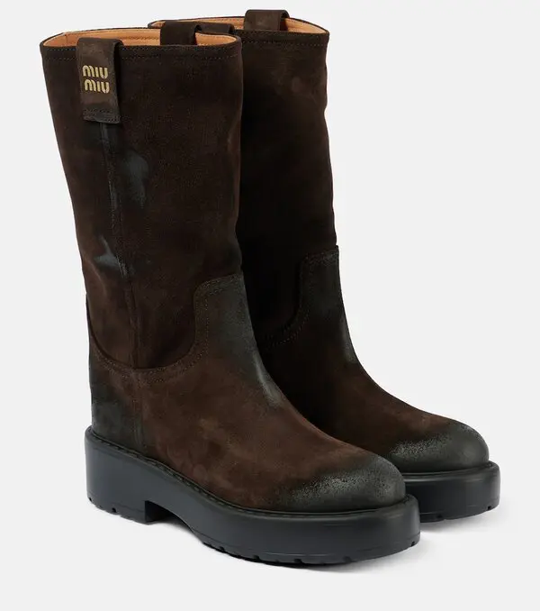 Miu Miu Logo Suede Ankle Boots - Brown