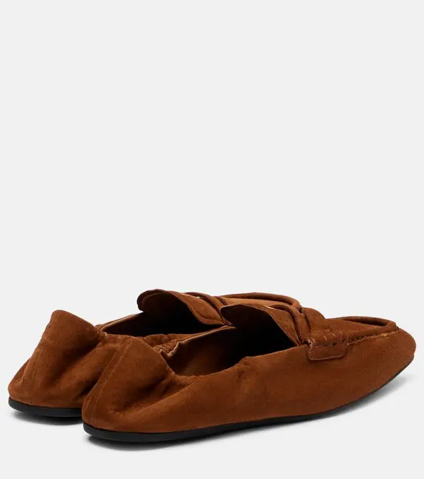 Miu Miu Ruched Logo Suede Loafers - Brown