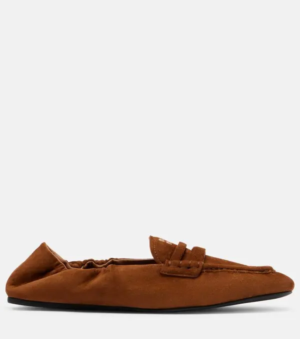 Miu Miu Ruched Logo Suede Loafers - Brown