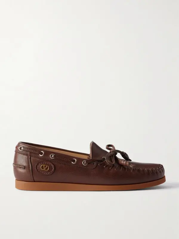 Valentino Garavani Logo-embellished Leather Boat Shoes - Brown