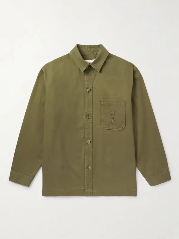 Saint Laurent Logo-embroidered Cotton And Linen-blend Gabardine Overshirt - Green