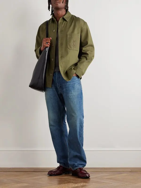 Saint Laurent Logo-embroidered Cotton And Linen-blend Gabardine Overshirt - Green