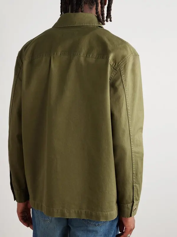 Saint Laurent Logo-embroidered Cotton And Linen-blend Gabardine Overshirt - Green