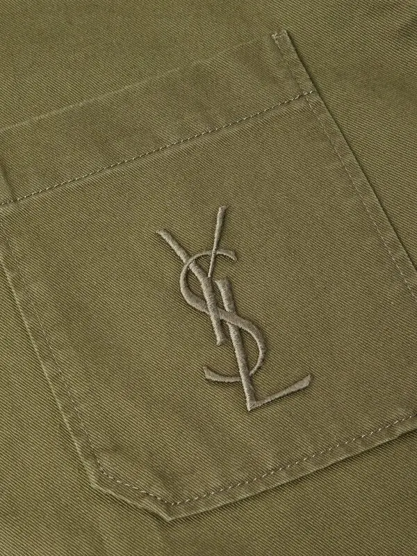 Saint Laurent Logo-embroidered Cotton And Linen-blend Gabardine Overshirt - Green