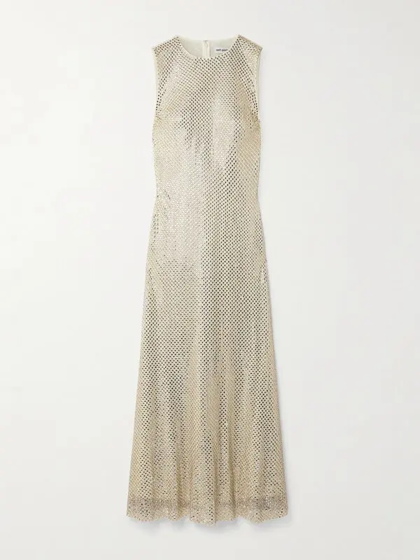 SELF-PORTRAIT Crystal-embellished Stretch-mesh Maxi Dress - Neutrals