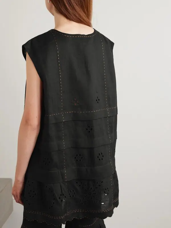 Vita Kin Gigi Topstitched Broderie Anglaise Linen Tank