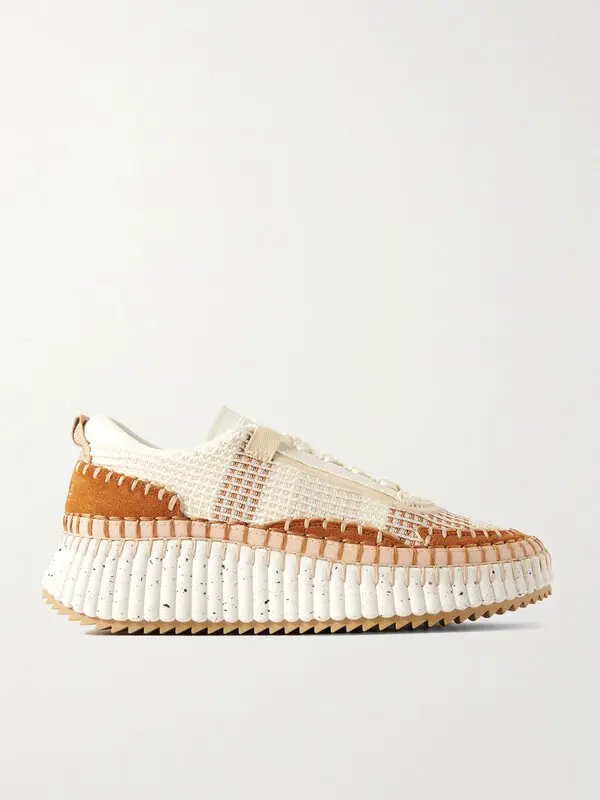 Chloé Nama Embroidered Suede And Recycled-mesh Sneakers - Neutrals