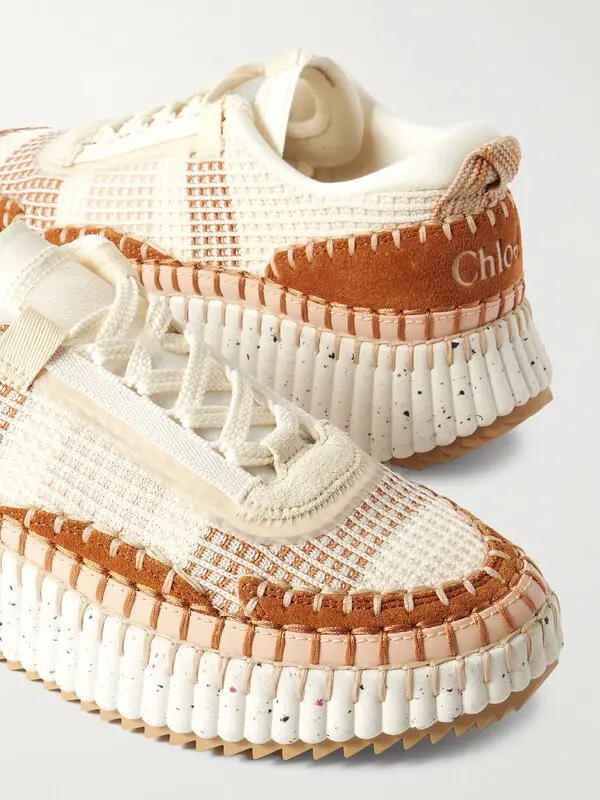 Chloé Nama Embroidered Suede And Recycled-mesh Sneakers - Neutrals