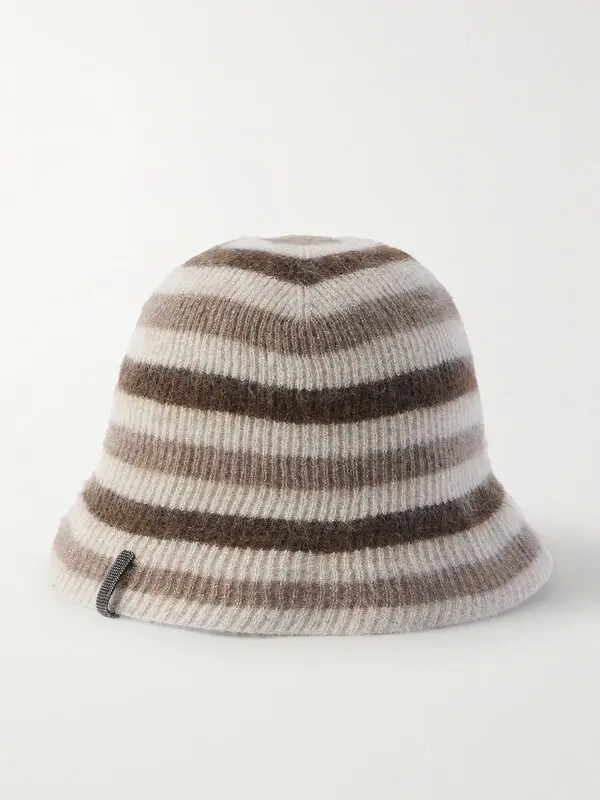Brunello Cucinelli Bead-embellished Striped Ribbed-knit Bucket Hat - Brown