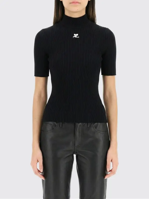COURREGES Ribbed High Neck Short Sleeve Sweater - Black