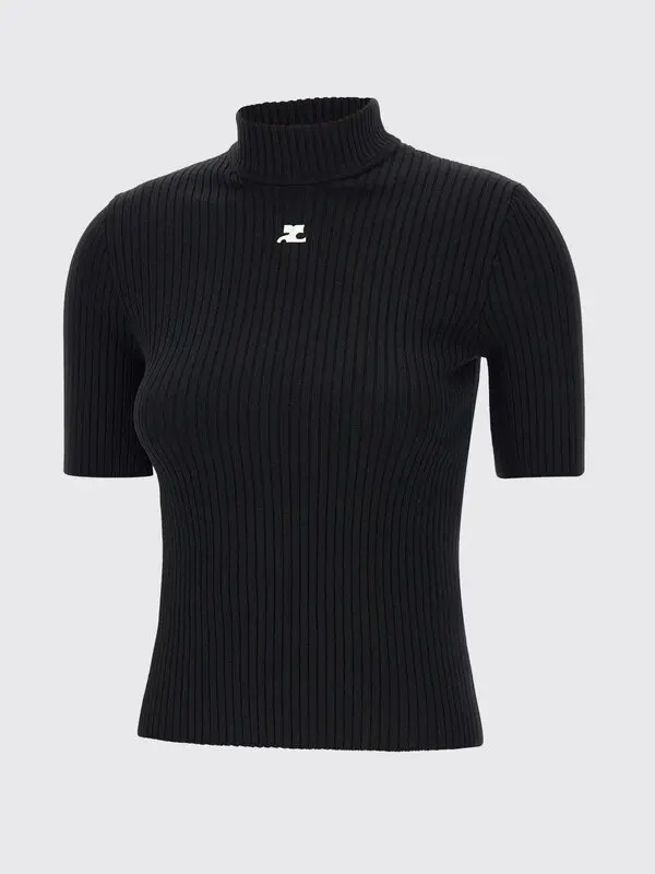 COURREGES Ribbed High Neck Short Sleeve Sweater - Black
