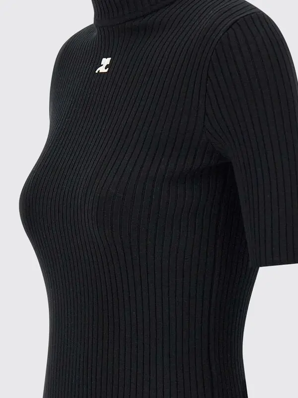 COURREGES Ribbed High Neck Short Sleeve Sweater - Black