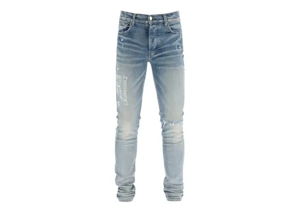 Amiri Distressed Logo Skinny Jeans - Light Blue