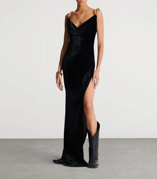 Balmain Velvet Button-strap Maxi Dress