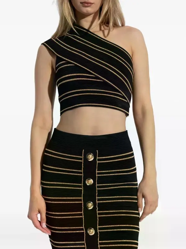 Balmain Striped One Shoulder Crop Top