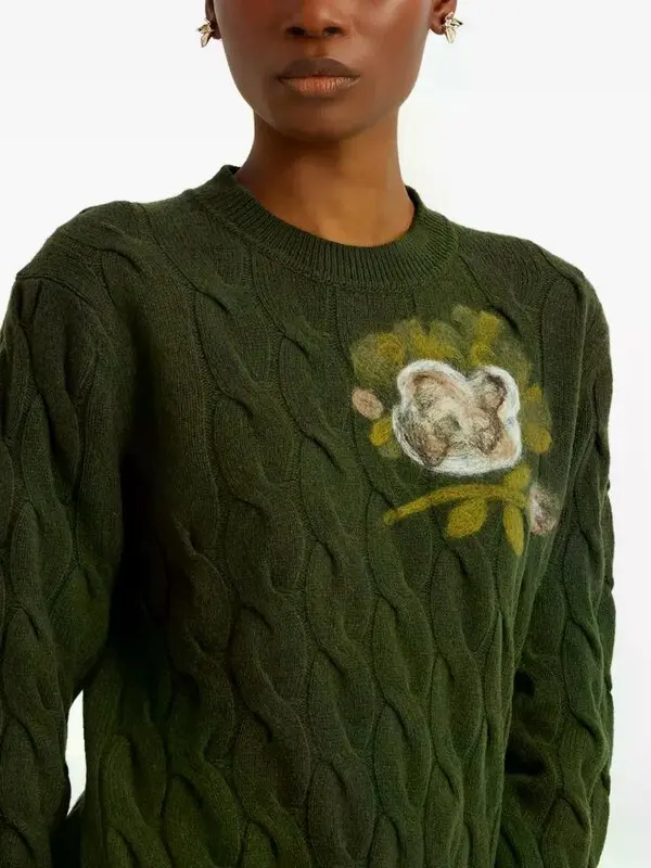 Erdem Cable-knit Floral-embroidered Sweater - Green