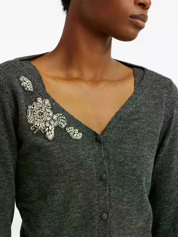 Erdem Embroidered Cropped V-neck Cardigan - Grey