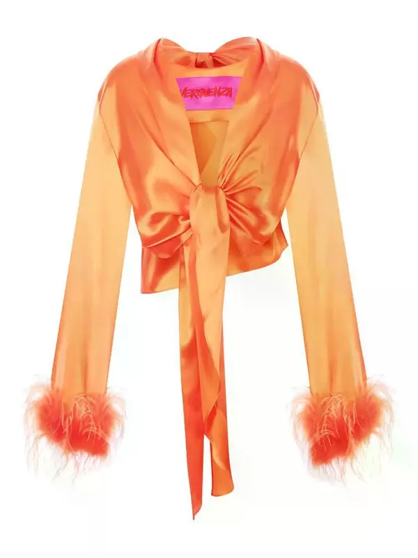 VERGUENZA Feather-trimmed Knotted Shirt - Orange