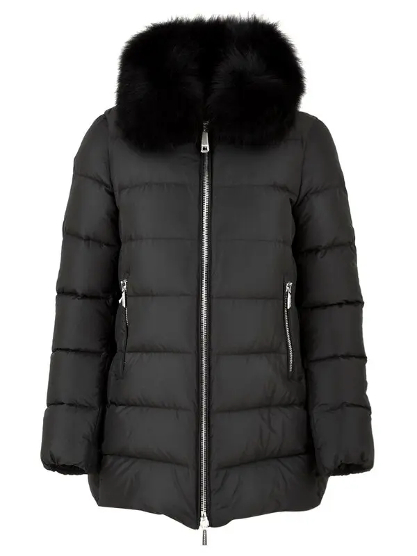 MOORER Quilted Coat With Fox Collar - Black