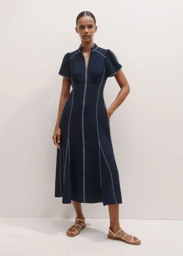 ME+EM Contrast Stitch Crepe Midi Dress - Navy