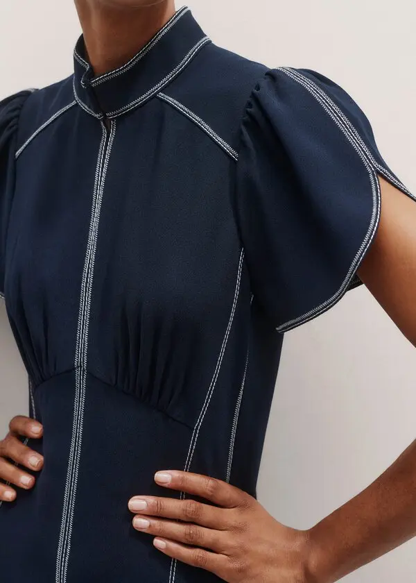 ME+EM Contrast Stitch Crepe Midi Dress - Navy