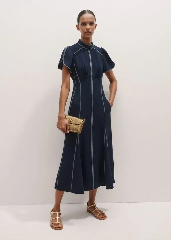 ME+EM Contrast Stitch Crepe Midi Dress - Navy