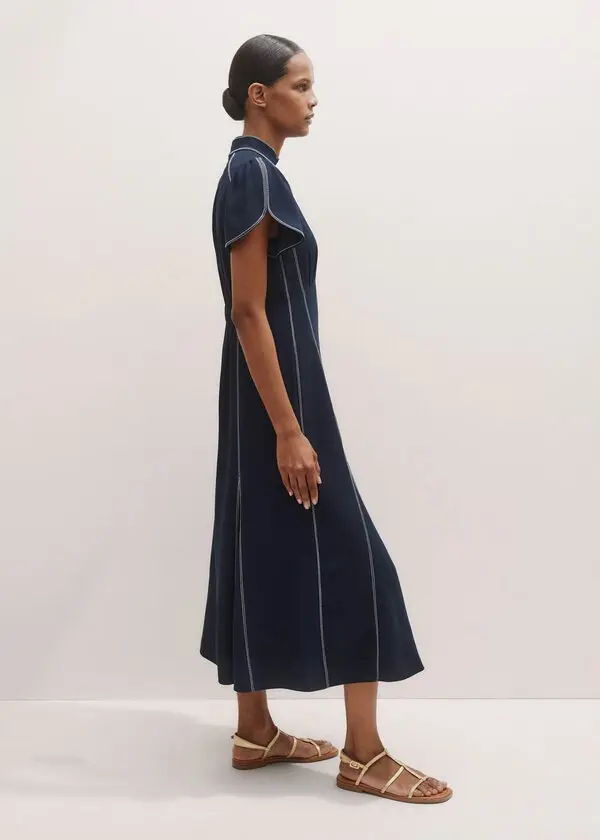 ME+EM Contrast Stitch Crepe Midi Dress - Navy
